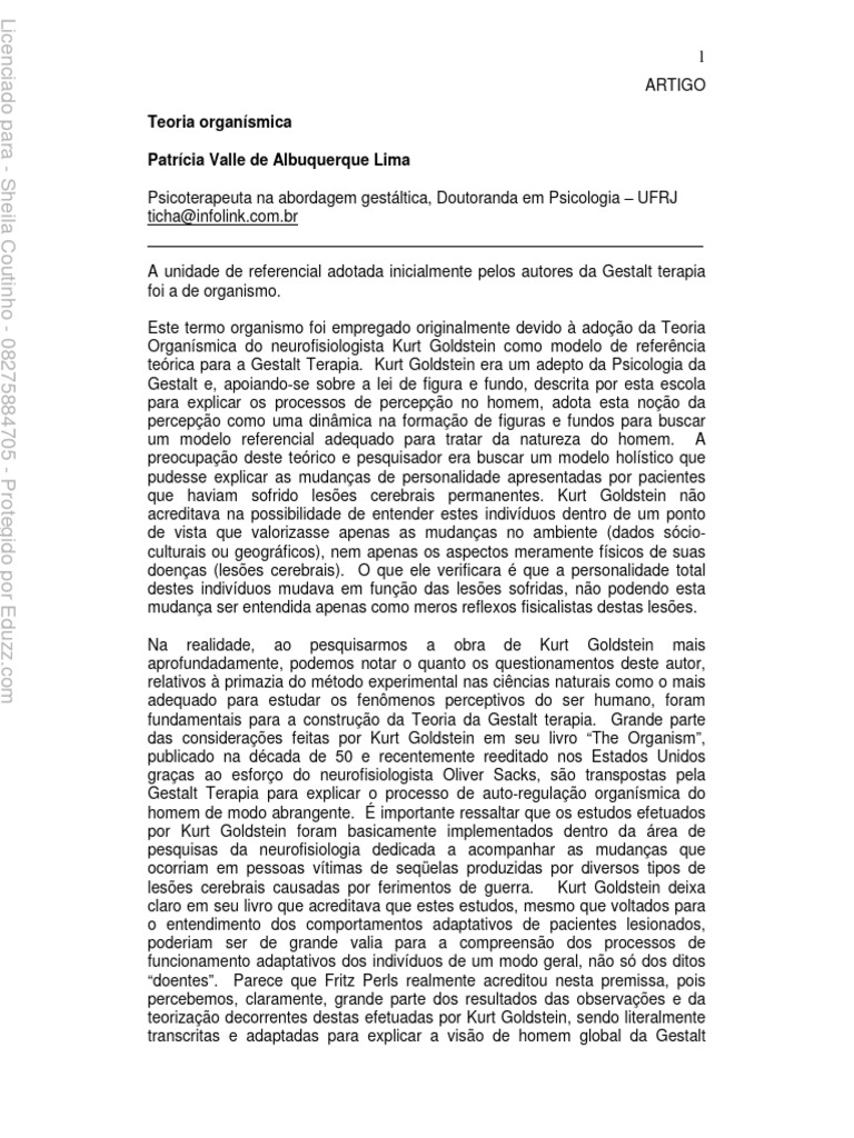Artigo Complementar Teoria Organismica | PDF | Terapia Gestalt | Psicologia