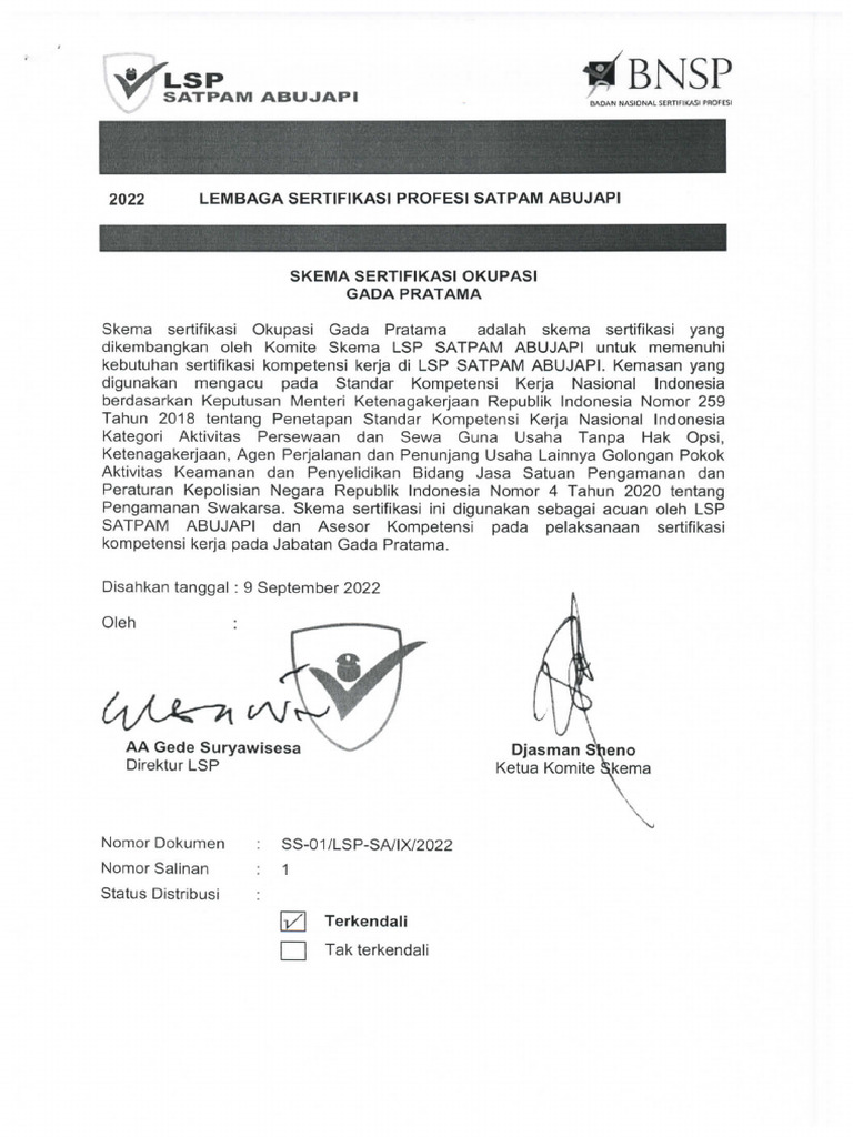 SKEMA SERTIFIKASI LSP SATPAM ABUJAPI-Verifikasi BNSP | PDF