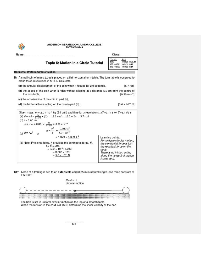 2023 - H2 - Motion in A Circle Tut Soln (Stu) | PDF | Force | Acceleration