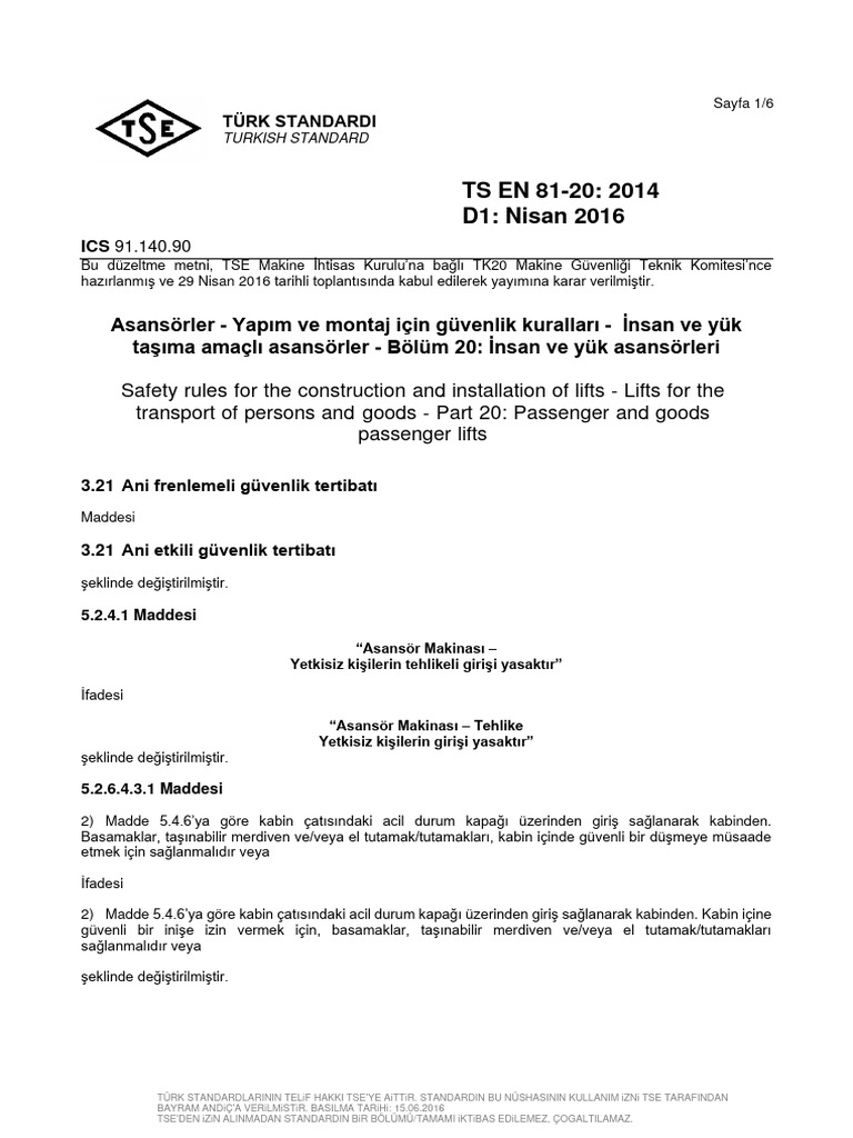 TS EN 81-20: 2014 D1: Nisan 2016 | PDF