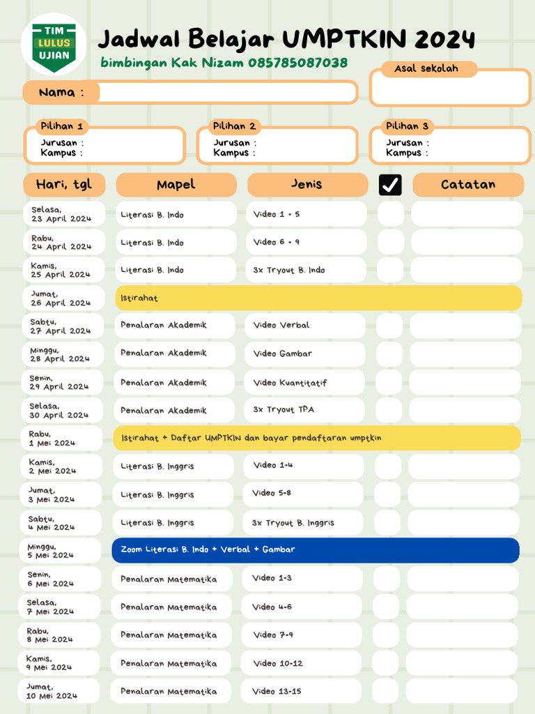 (New Design) PDF Jadwal Belajar UMPTKIN 2024 | PDF