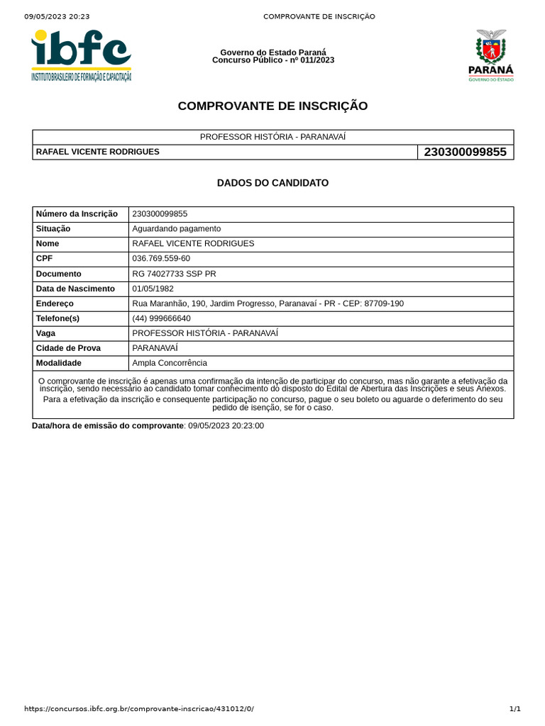 Comprovante de Inscrição | PDF