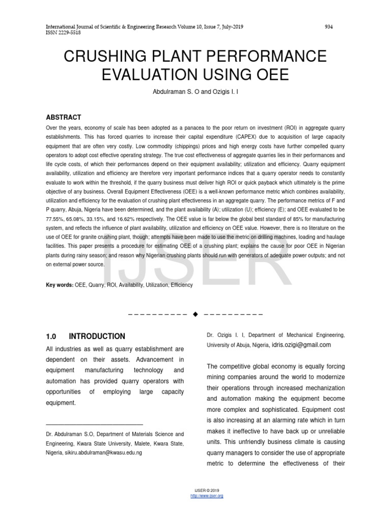 Crushing Plant Performance Evaluation Using Oee | PDF | Return On Investment | Reliability ...