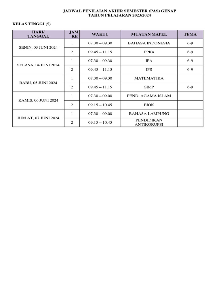 JADWAL PAS GENAP TP 2023-2024 (KELAS 1 sd 5) | PDF