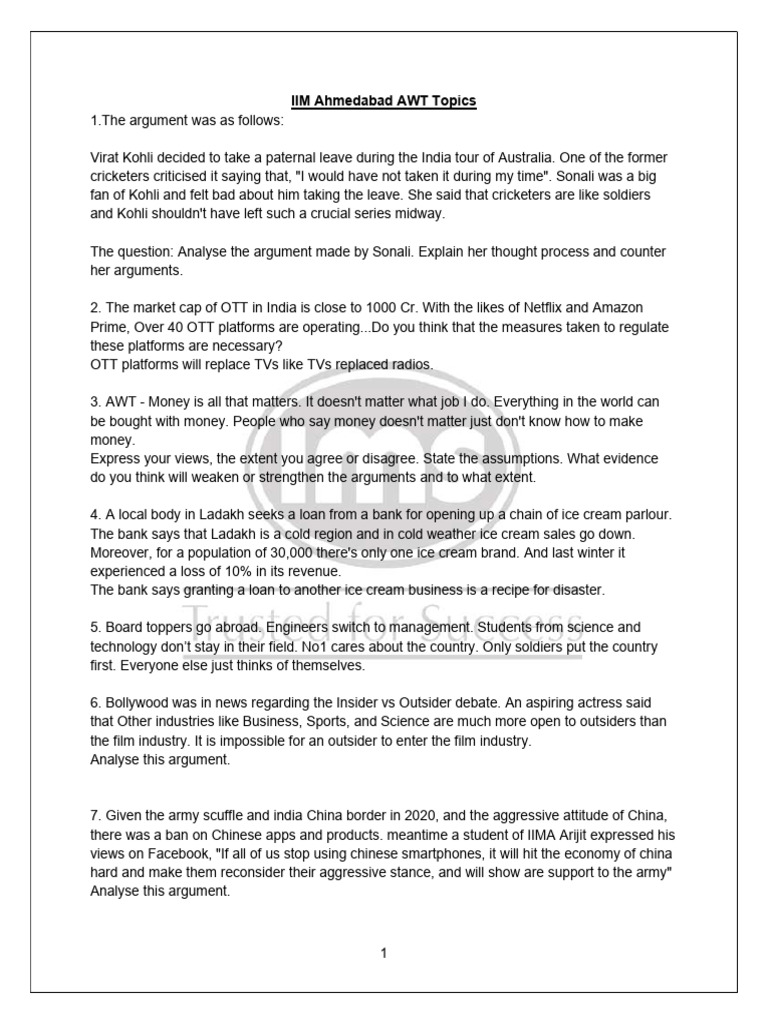 IIM Ahmedabad AWT Topics | PDF | Curriculum | Cricket