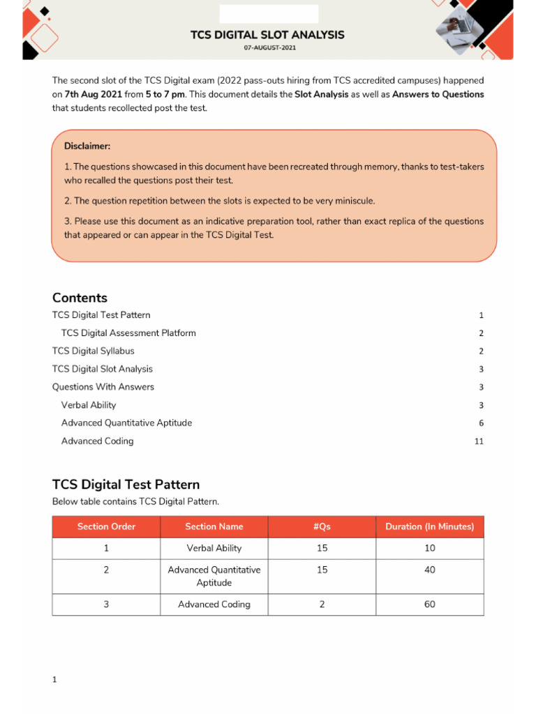 TCS DIGITAL PREVIOUS PAPER 1 | PDF