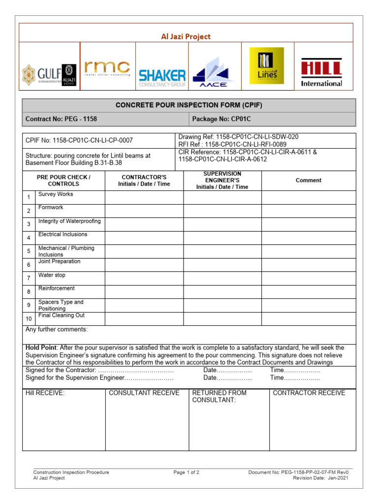 Concrete Pour Inspection Form | PDF | Architectural Design | Architecture