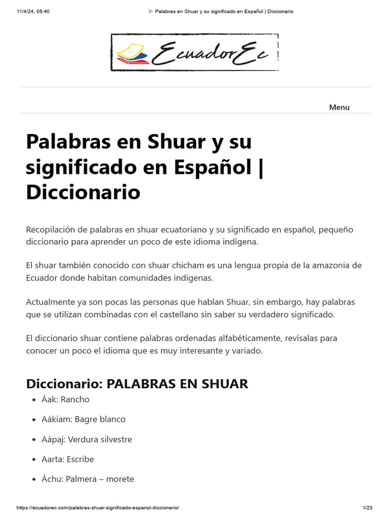 Palabras en Shuar y Su Significado en Español - Diccionario | PDF