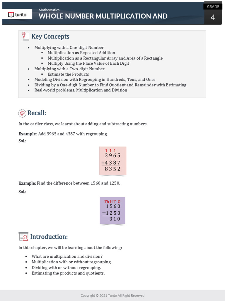 Grade 4 Whole Number Operations | PDF | Multiplication | Division ...