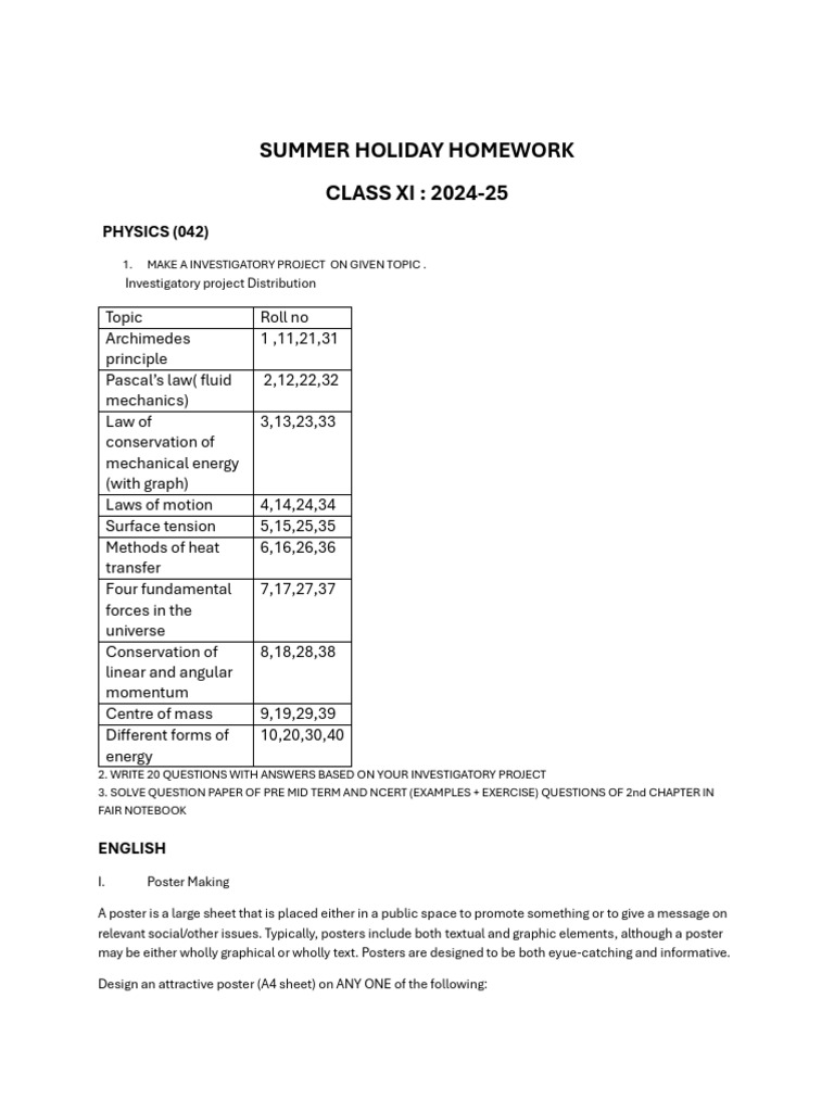 Holiday Homework Class Xi Sc Pdf Poster Newspapers