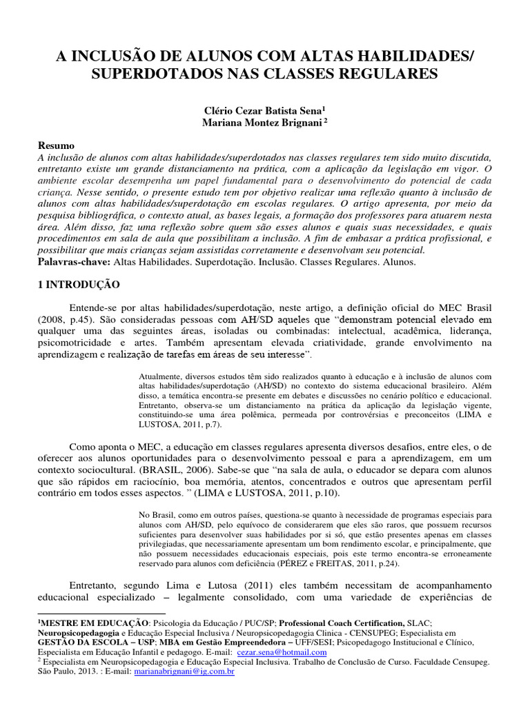ARTIGO A Inclusão de Alunos Com Altas Habilidades Nas Classes Regulares IMPRESSÃO | PDF ...