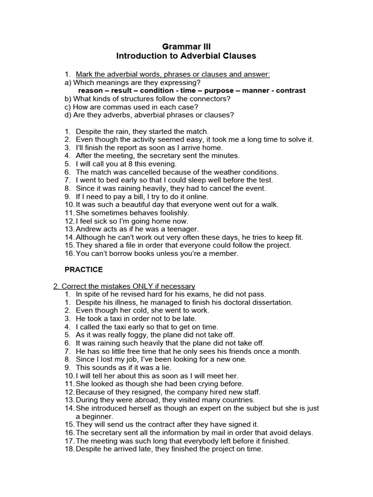 Adverbial Clauses: Usage and Practice | PDF | Linguistics | Language ...