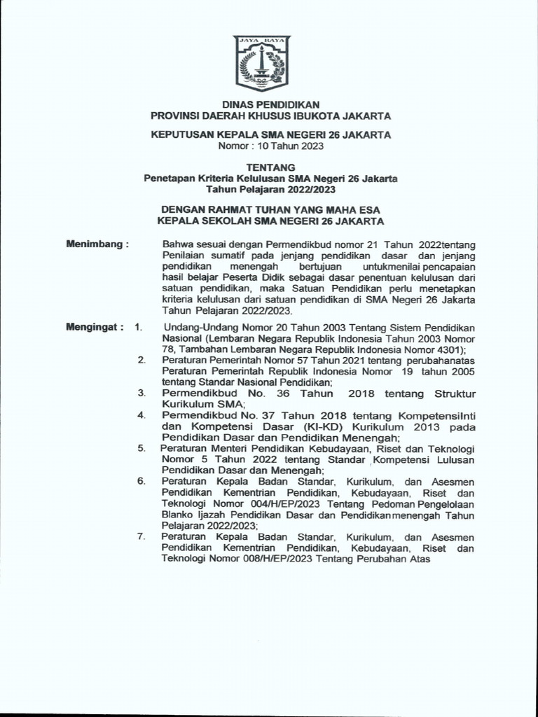 SK Penetapan Kriteria Kelulusan SMA Negeri 26 Jakarta TP 2022 2023 | PDF