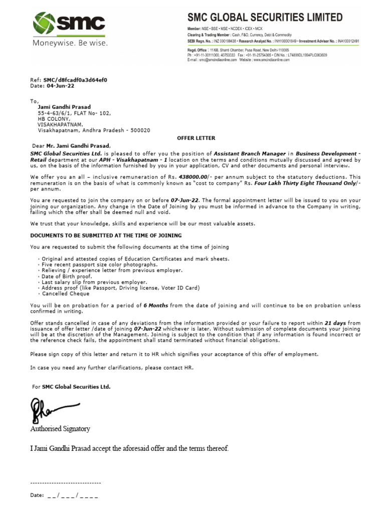 SMC Global Job Offer for Jami Prasad | PDF