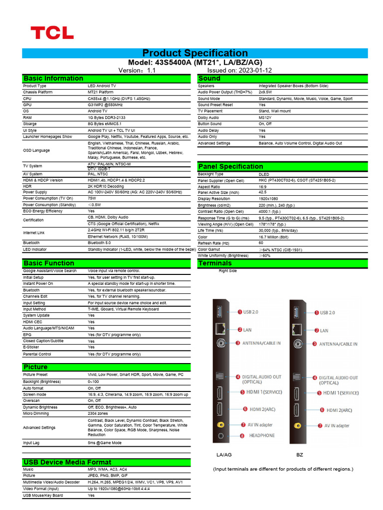43S5400A - MT21 - LA Product Specification V1.1 2023-01-12-0 | PDF | Hdmi | Google Play