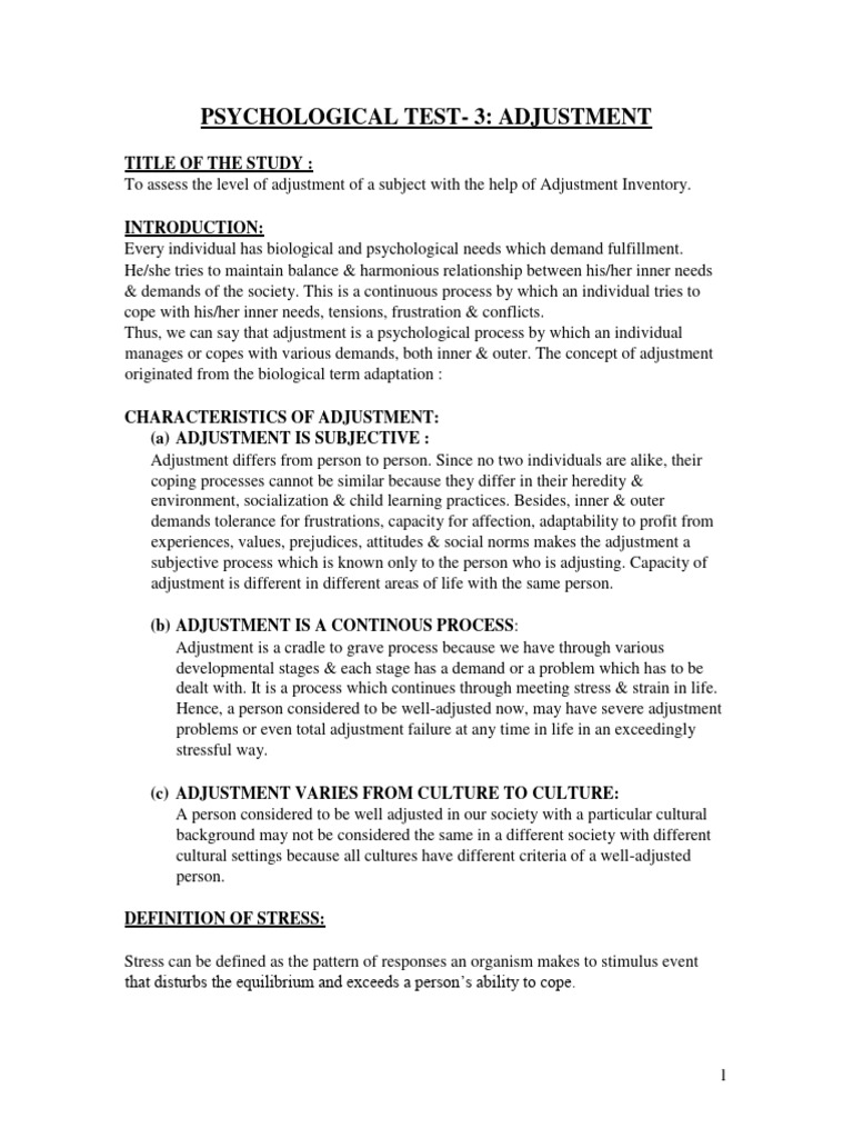 Psychological Test 3 - Adjustment | PDF | Stress (Biology) | Socialization