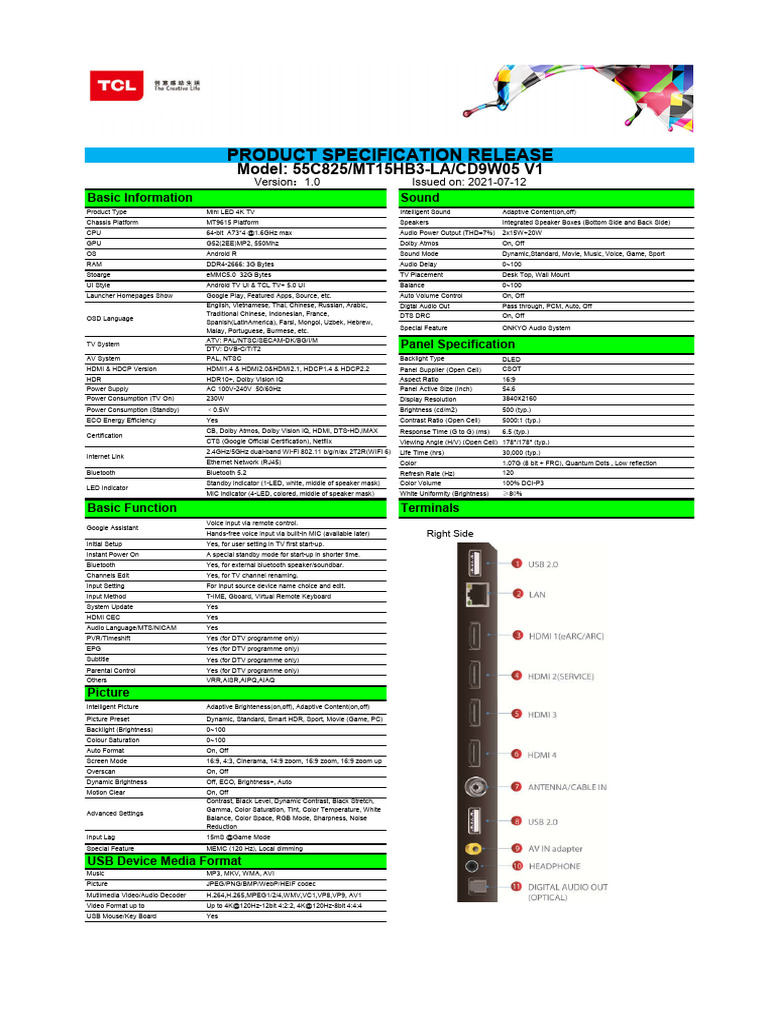 55C825 MT15HB3-LA Product Specification V1.0 For Chile | PDF | Wi Fi | Hdmi