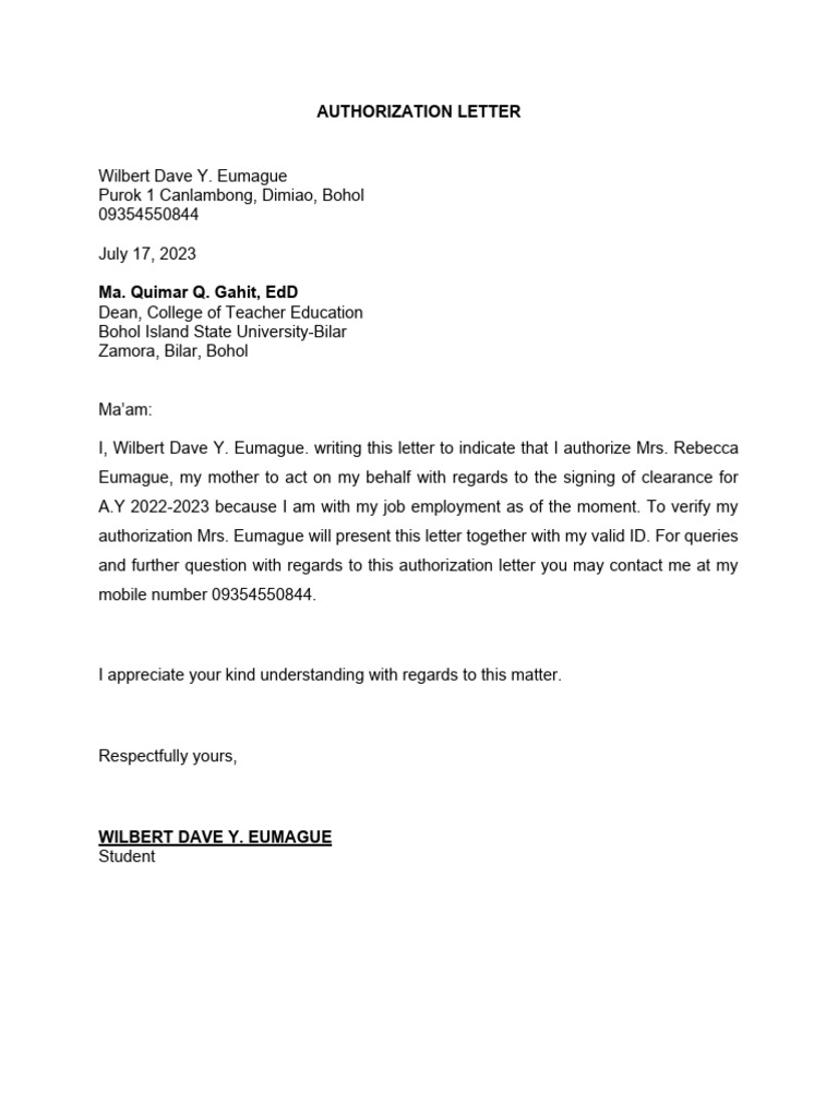 Authorization Letter Dean | PDF