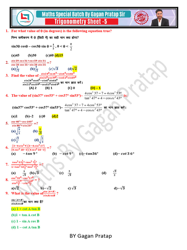 Trigonometry Sheet - 05 | Download Free PDF | Trigonometry | Elementary ...