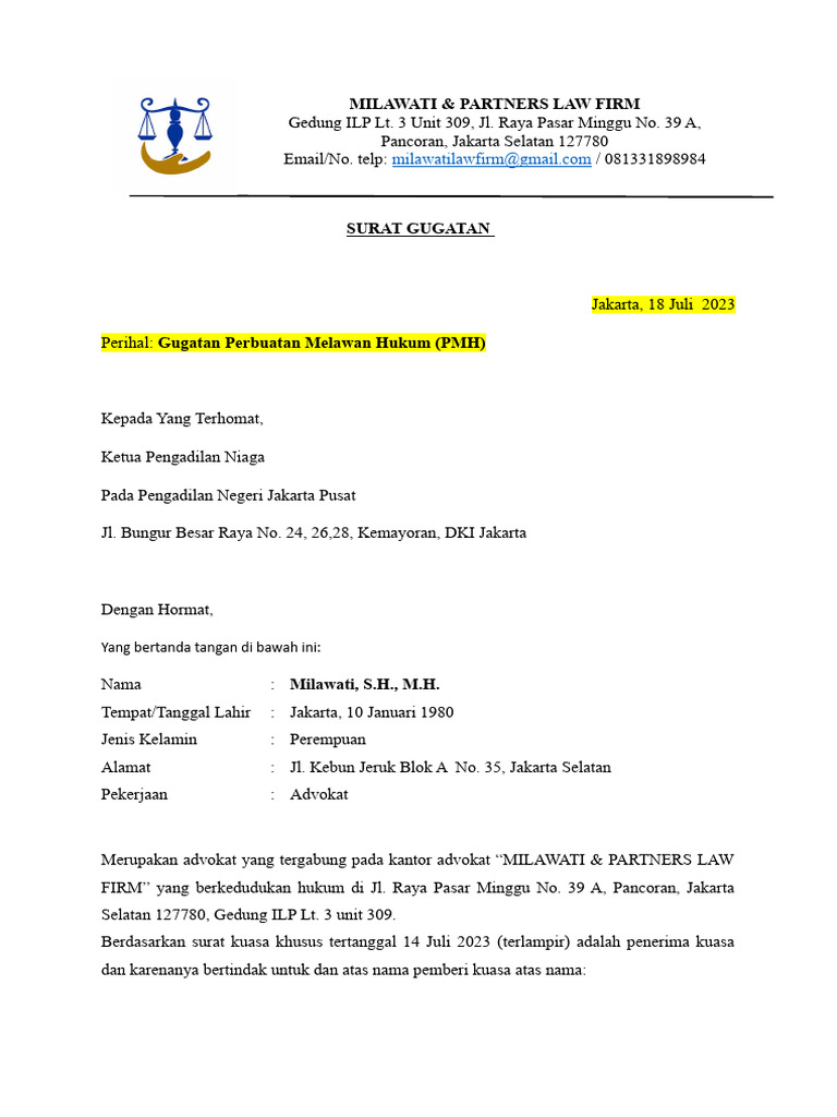 Contoh Surat Gugatan PMH Tanah | PDF