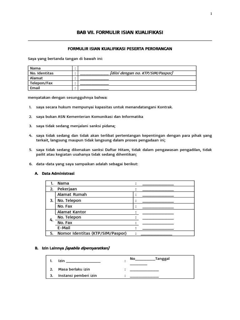 Formulir Isian Kualifikasi Peserta Perorangan | PDF