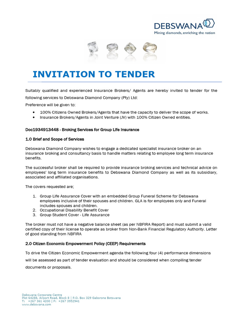 Debswana Invitation Advert - Broking Services - Website | PDF ...