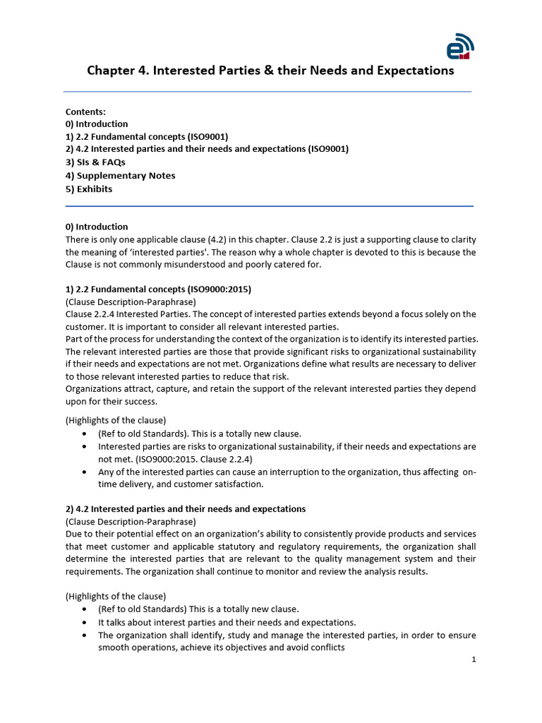 Chapter 4. Interested Parties & Their Needs and Expectations | PDF ...