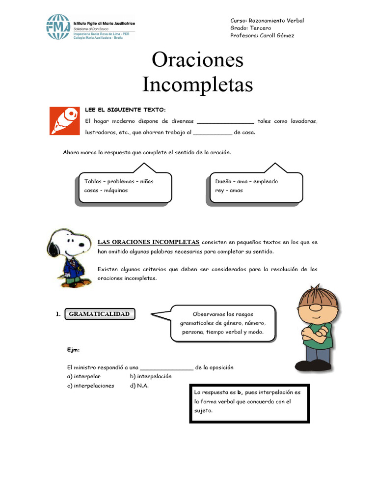 Oraciones Incompletas | PDF | Oración (Lingüística) | Palabra