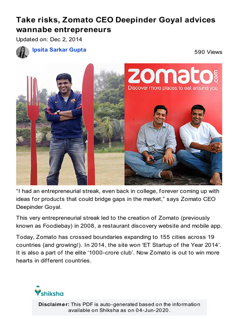 Take Risks, Zomato CEO Deepinder Goyal Advices Wannabe Entrepreneurs ...