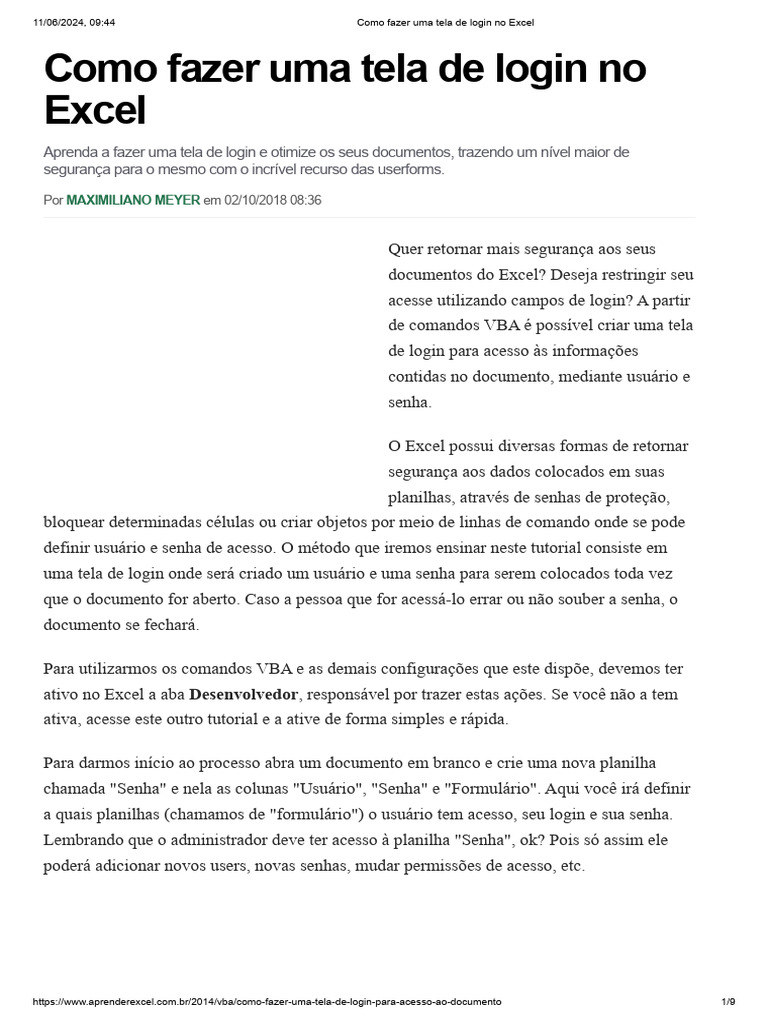 Como Fazer Uma Tela de Login No Excel | PDF | Microsoft Excel | Senha