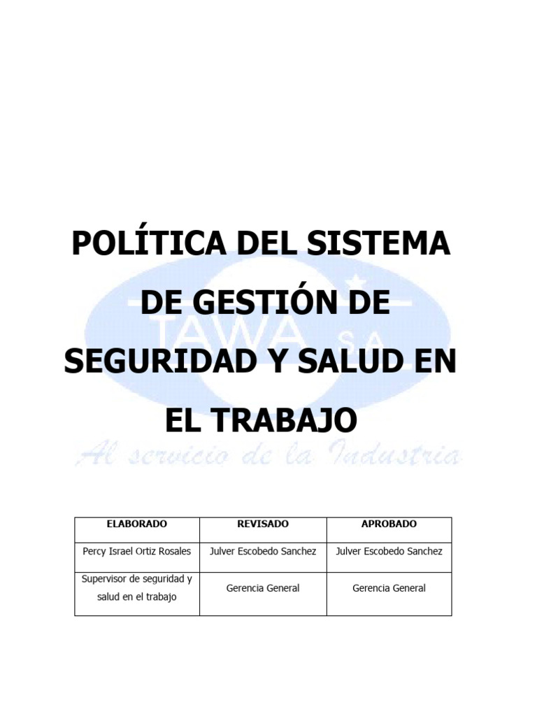 POLITICA EN MATERIA DE SEGURIDAD Y SALUD EN EL TRABAJO | PDF | Valores | Seguridad y salud ...