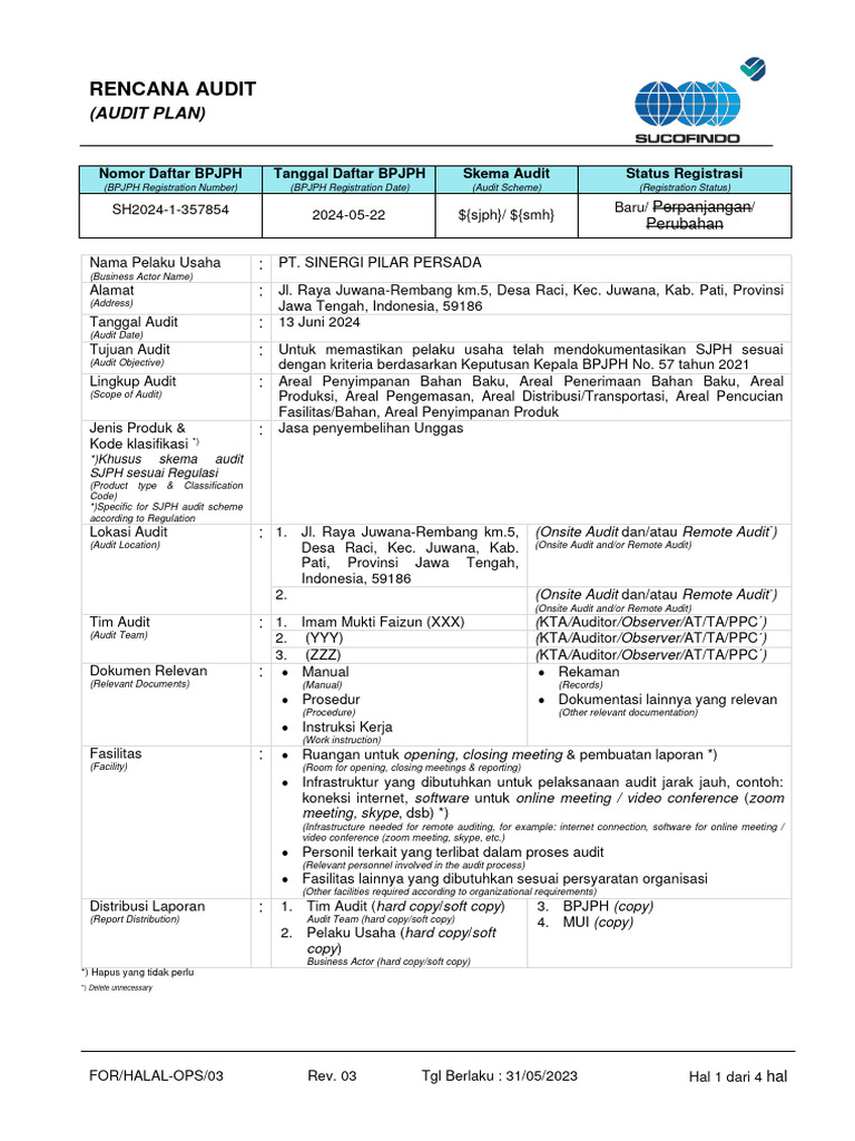 Rencana Audit Bilingual Isian (Pt. Sinergi Pilar Persada - sh2024!1!357854) - 1 | PDF
