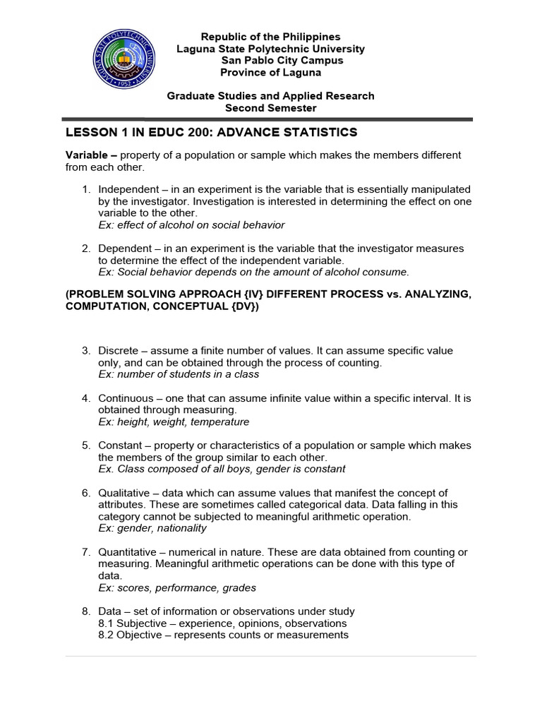 Lesson 1 in Educ 200 - Advance Statistics | PDF | Statistics | Learning