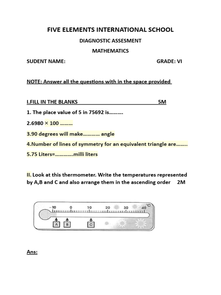 Grade VI Maths Diagnostic Assessment | PDF