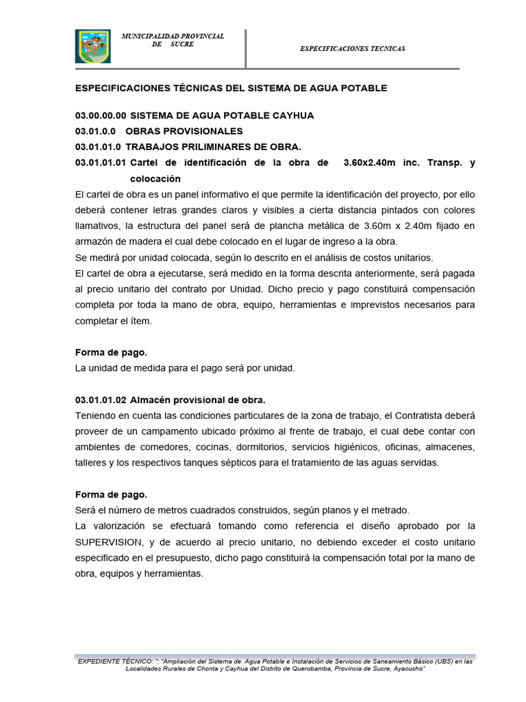 02-2 Espec. Tec. Sistema de agua potable Cayhua | Descargar gratis PDF ...