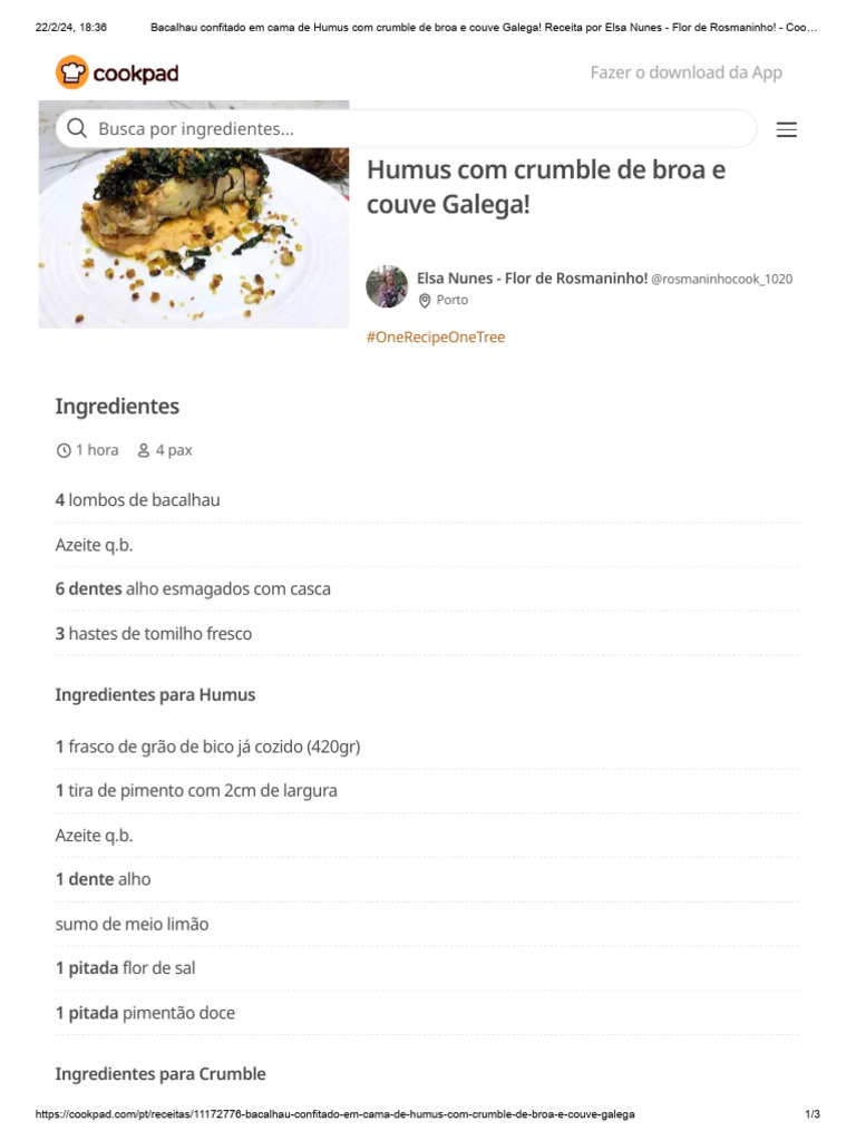Bacalhau Confitado em Cama de Humus Com Crumble de Broa e Couve Galega ...