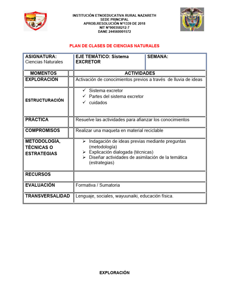 PLAN DE Clase Ciencias Naturales Segundo Periodo | PDF | Excreción ...