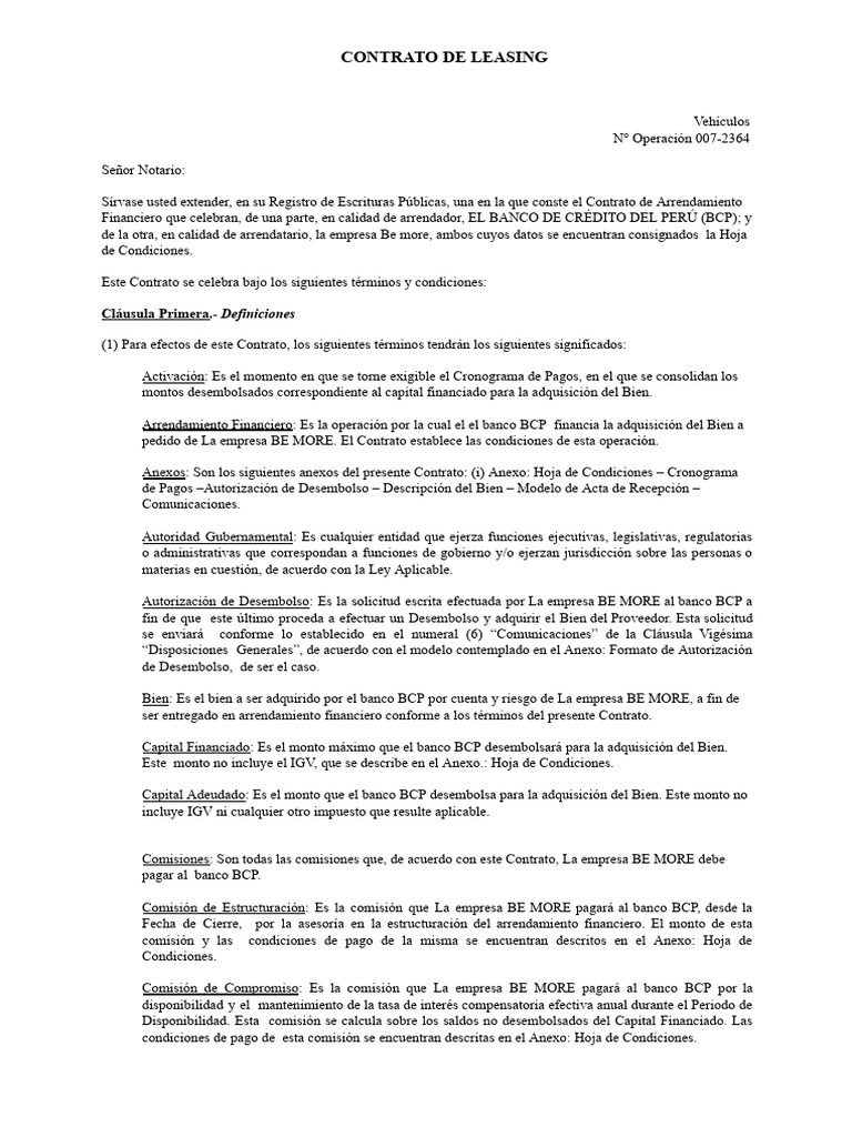 Contrato de Leasing Vehicular BCP | PDF | Póliza de seguros | Seguro