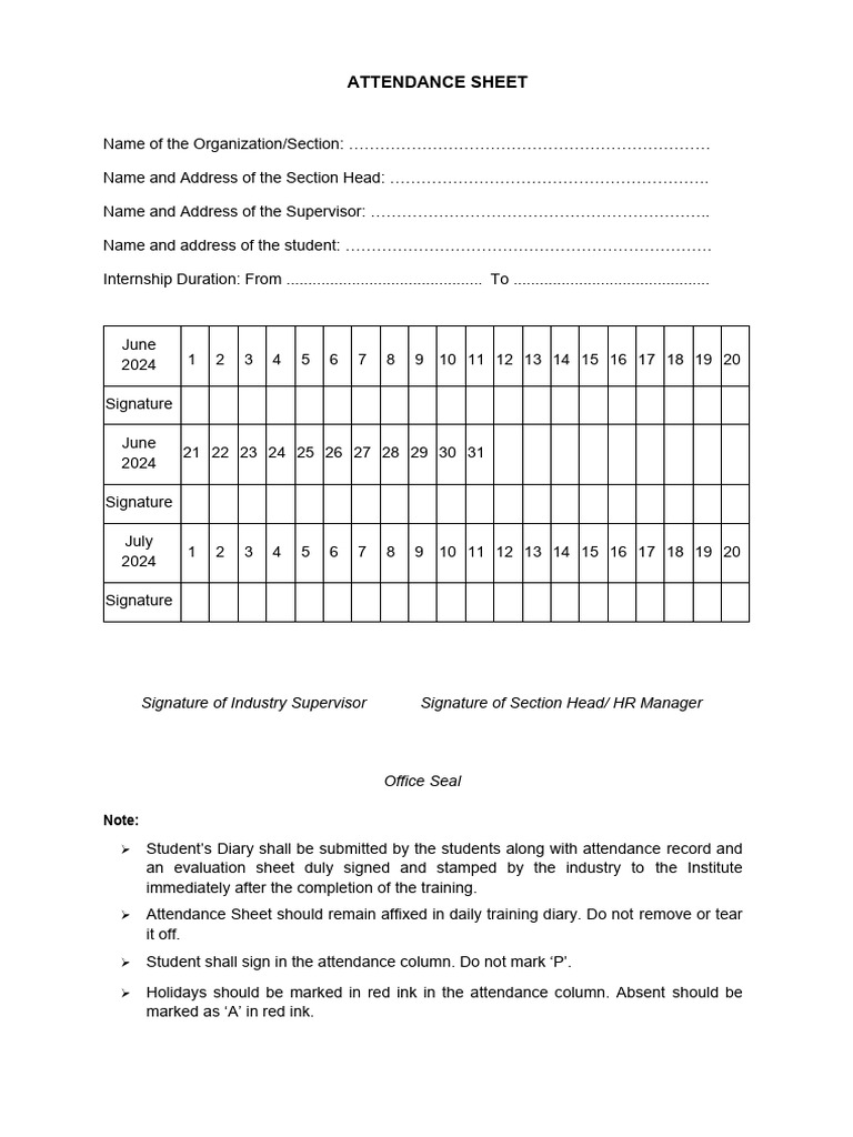 Internship Attendance & Comment Format | PDF | Behavior Modification ...