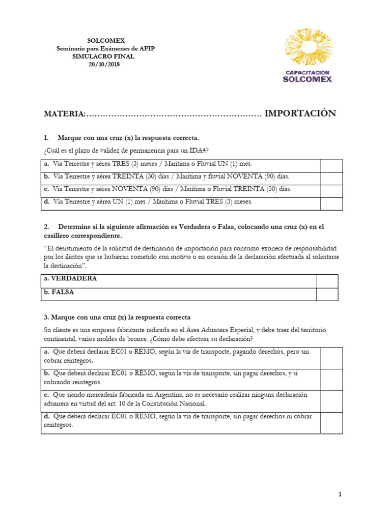 Simulacro Final SOLCOMEX 20102018 IMPO CLASIF EXPO REG LEG VALO SIS INF | PDF | aduana | Porcentaje
