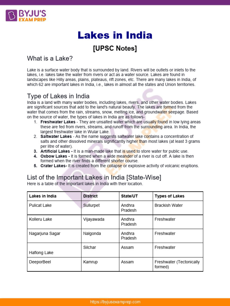 Lakes in India Upsc Notes 95 | PDF | Lake | Water