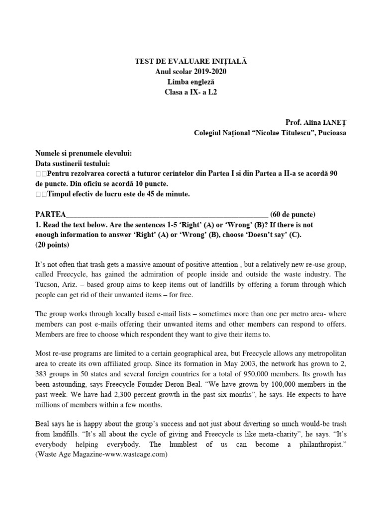 IANET - ALINA - TEST EVALUARE INITIALA - Engleza Cls 9 | PDF