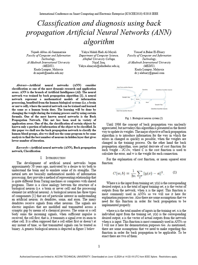 Classification and Diagnosis Using Back Propagation Artificial Neural Networks ANN | PDF ...