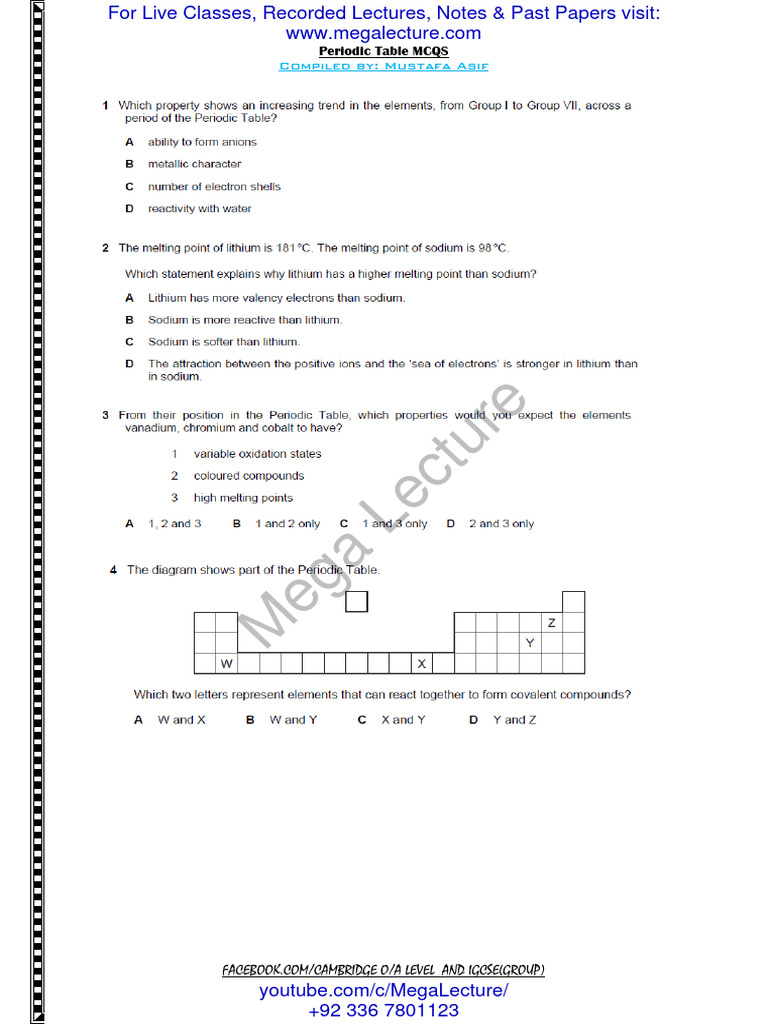 Periodic Table MCQS | PDF | Secondary Education | Student Assessment ...