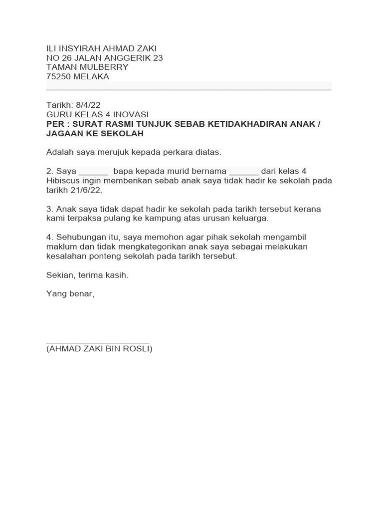 Surat Cuti Sekolah CONTOH | PDF