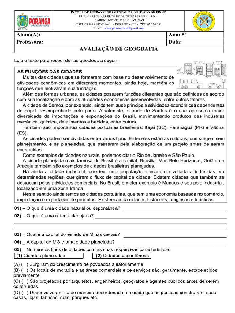 PROVA DE GEOGRAFIA 5º ANO 07-06-2024 | PDF