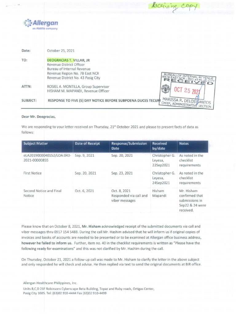 Transmittal Letter (Oct 2021) (BIR-received) | PDF