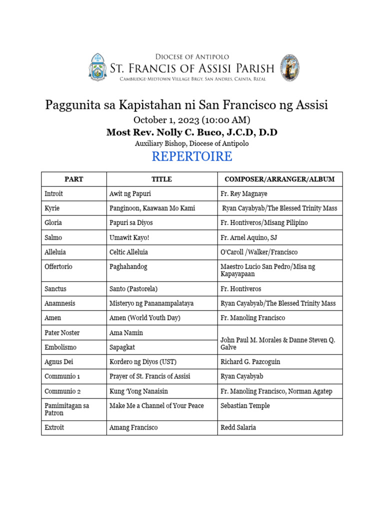 SFAP Cainta 2023 FIESTA Oct 1 Repertoire | PDF