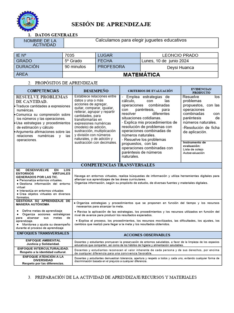 SESION DE MATEMÁTICA 12 -06-2024 | PDF | Aprendizaje | Enseñando