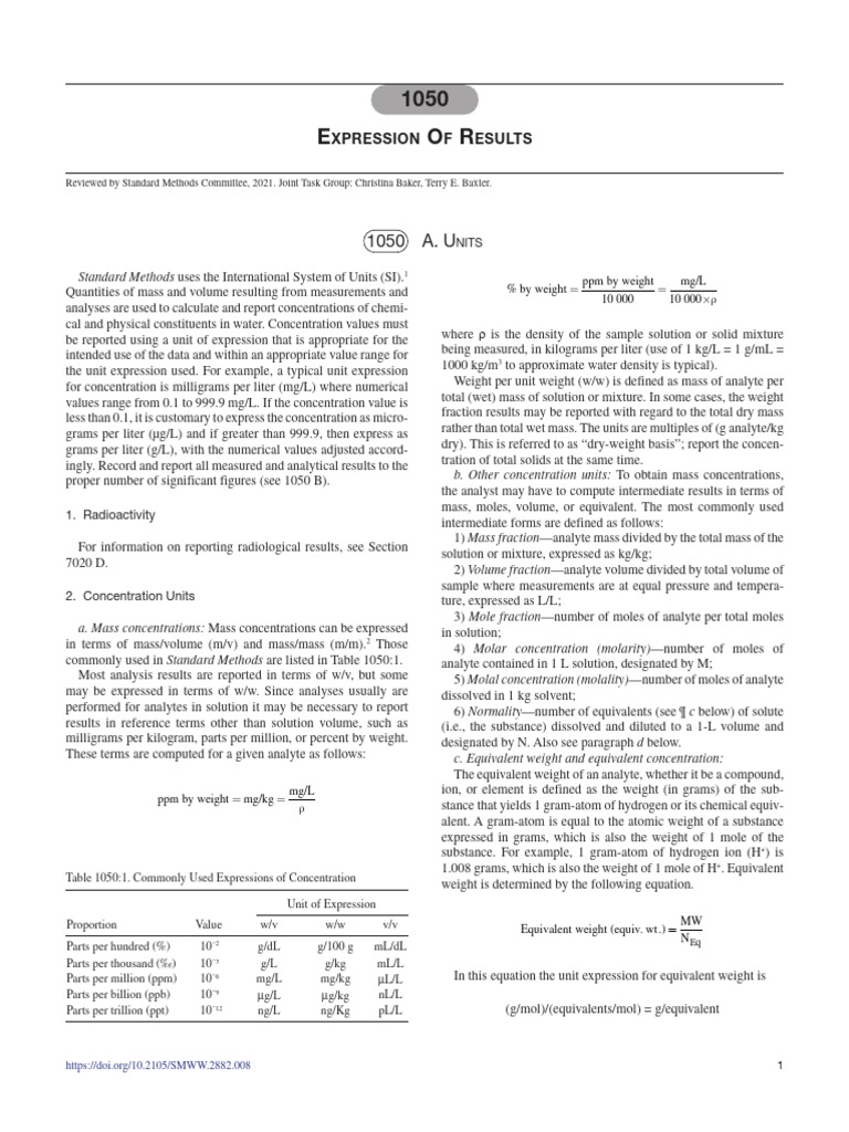 1050 Expression of Results | Download Free PDF | Parts Per Notation | Mass Concentration (Chemistry)